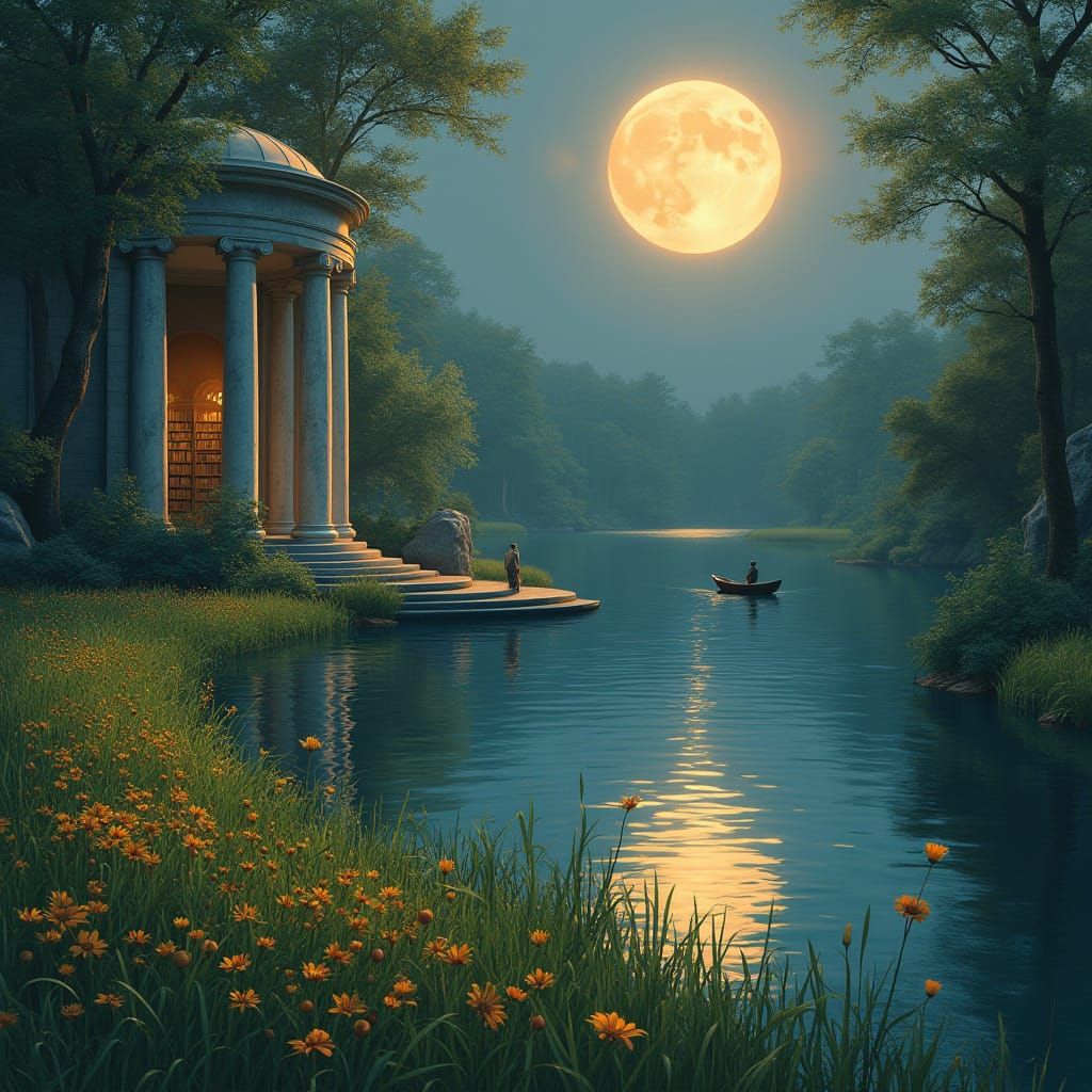 an ethereal library - Ethereal Library on Tranquil Lake Shor...