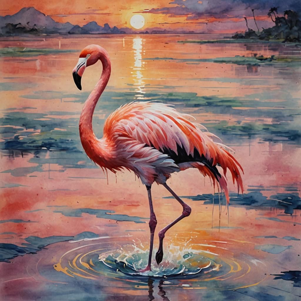Pink Flamingo at Sunset - AI Generated Artwork - NightCafe Creator