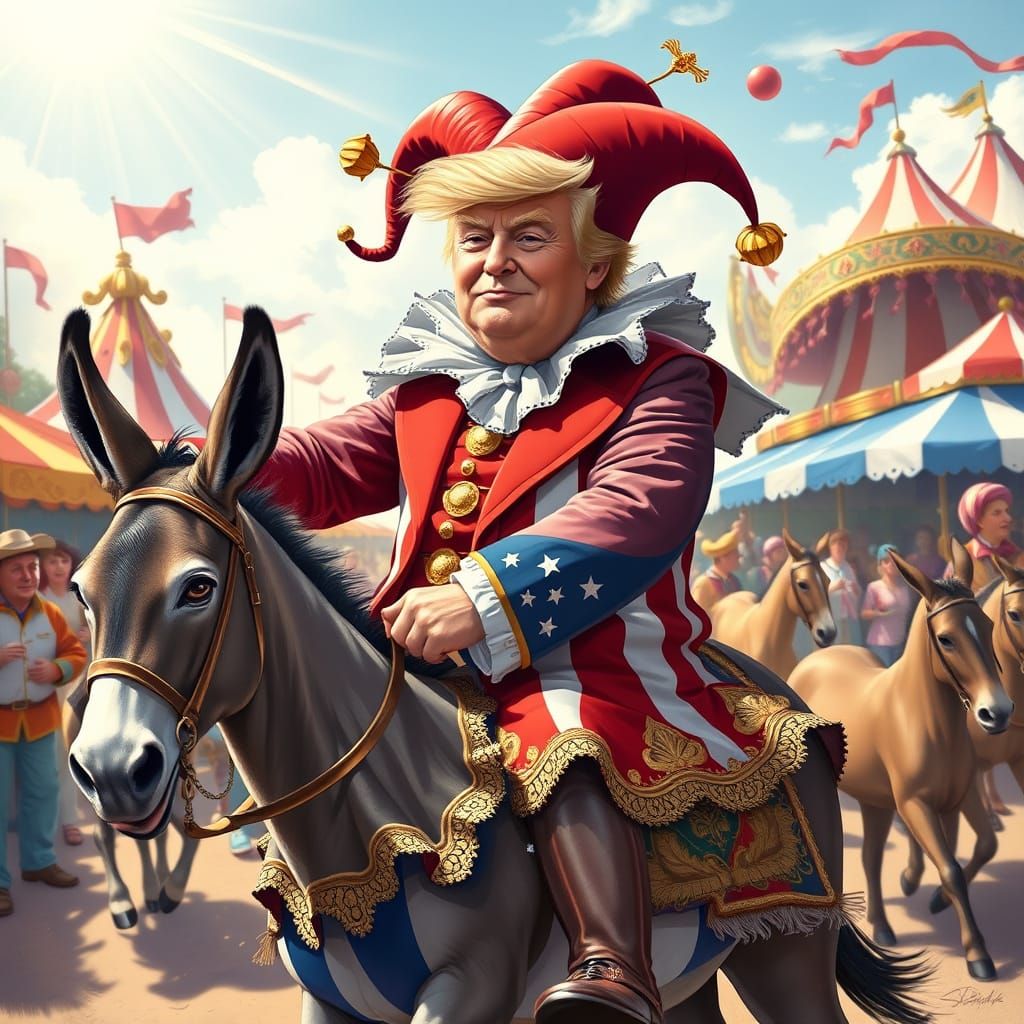 Vibrant Court Jester Trump Rides Donkey in Whimsic... - AI Art