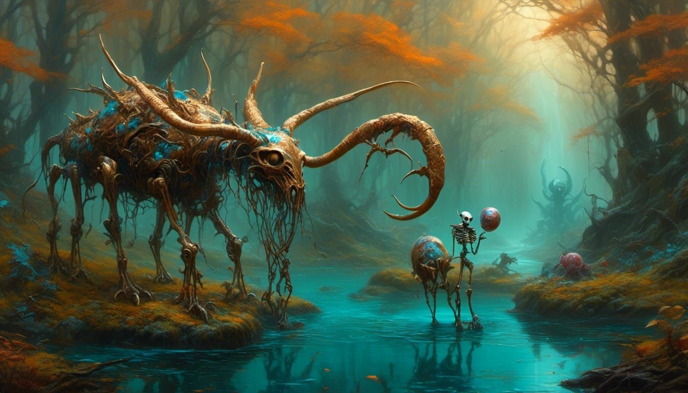 Older skeletal creature about to take hold of a skeleton walking in the ...