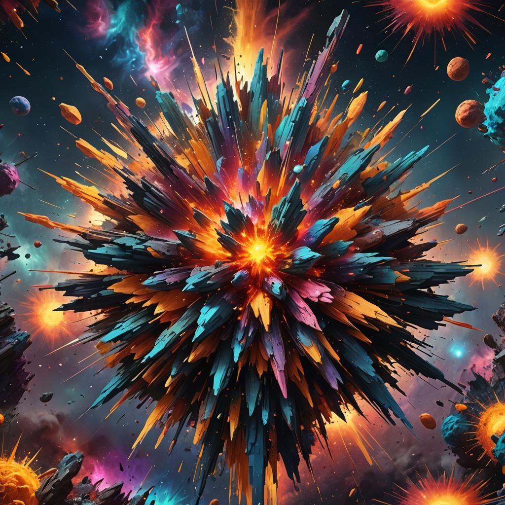 An abstract artwork resembling a cosmic explosion of colors and shapes ...