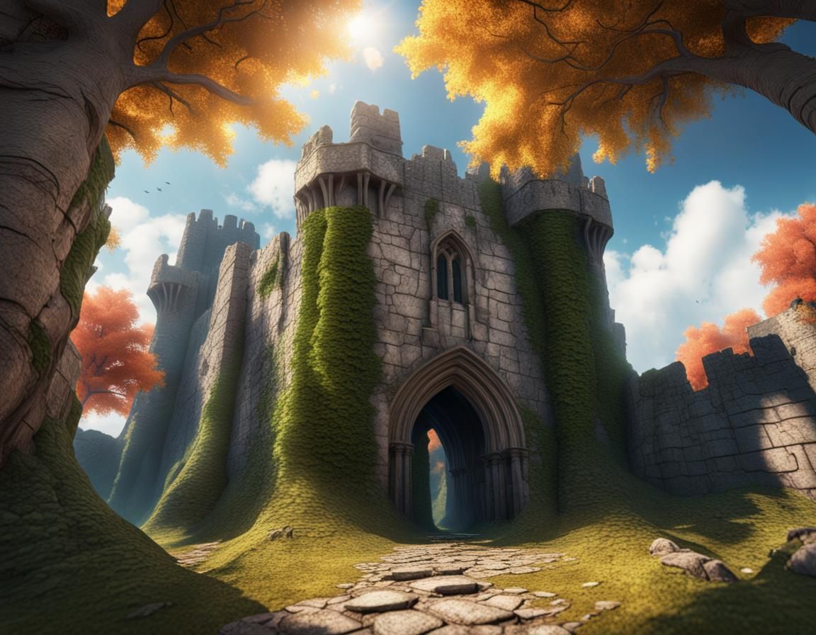 cinematic ruined castle walls, detailed cracks, close up, first person ...