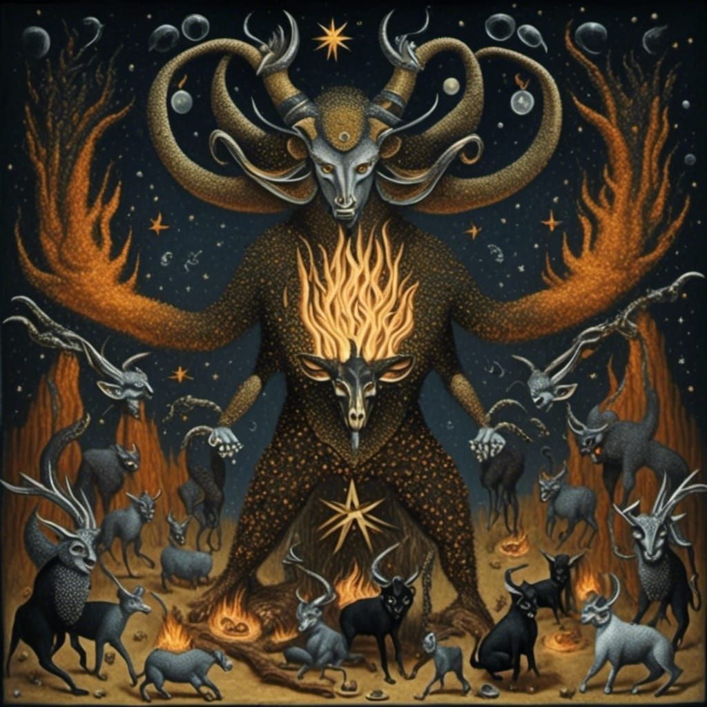 Baphomet demon dancing around a bonfire with other hellish creatures ...