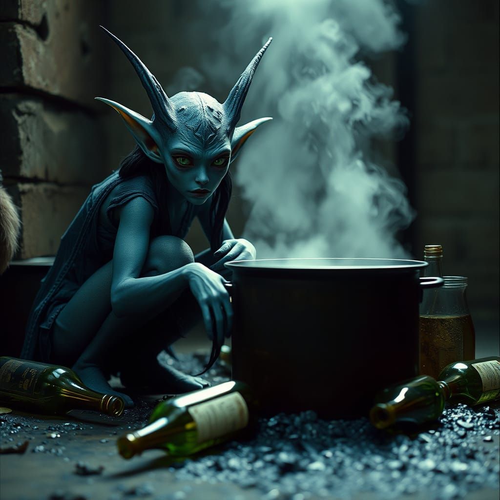 Ethereal Blue Creature Amidst Boiling Sludge in Ci... - AI Art