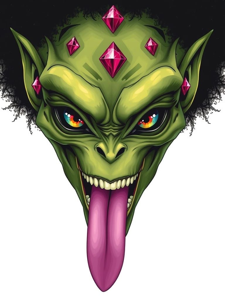 humanoid afro-alien pink lips long tongue with diamond piercings