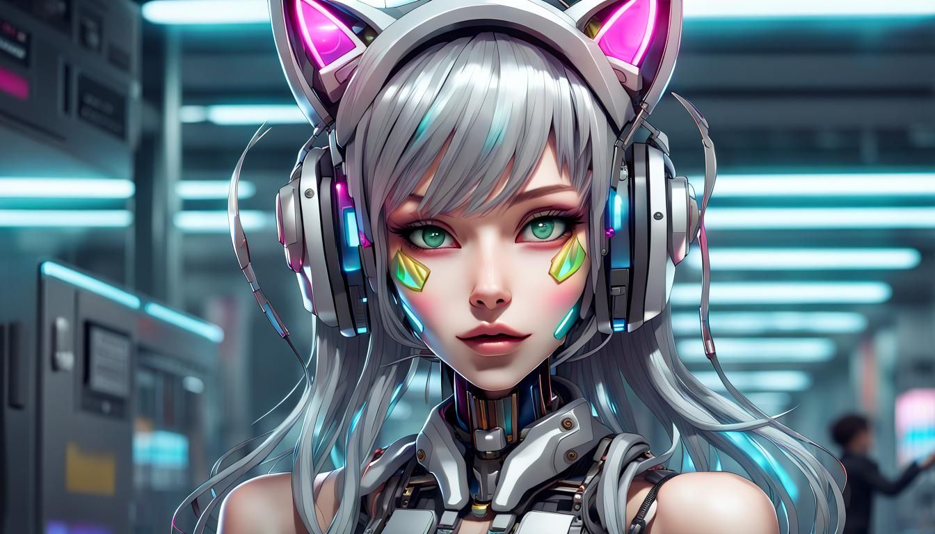 full body portrait, robotic catgirl, anime face, robotic cat ears, long ...