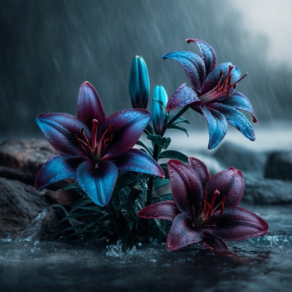 A close-up photograph of vibrant Forever Susan Lilies with dark purple ...