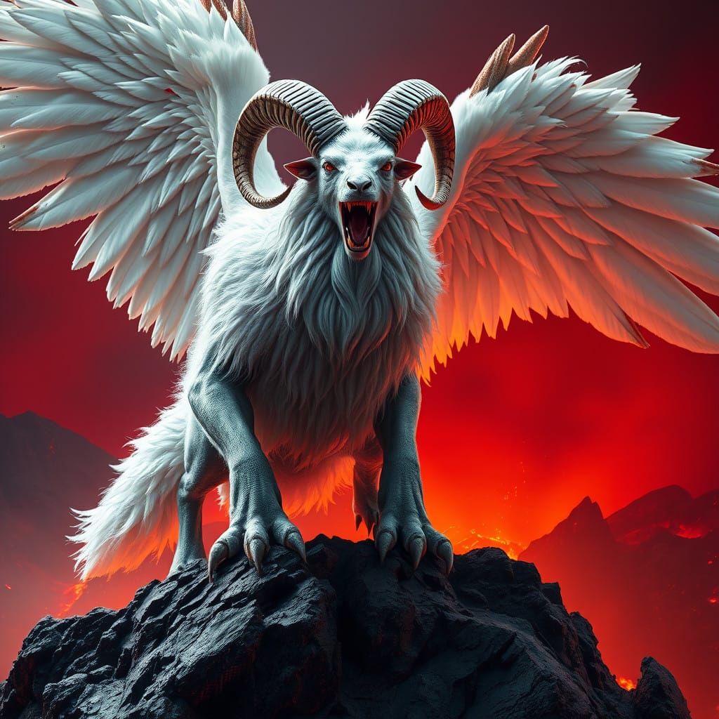 Majestic Ram-Angel Hybrid with Fiery Wings and Raz... - AI Art