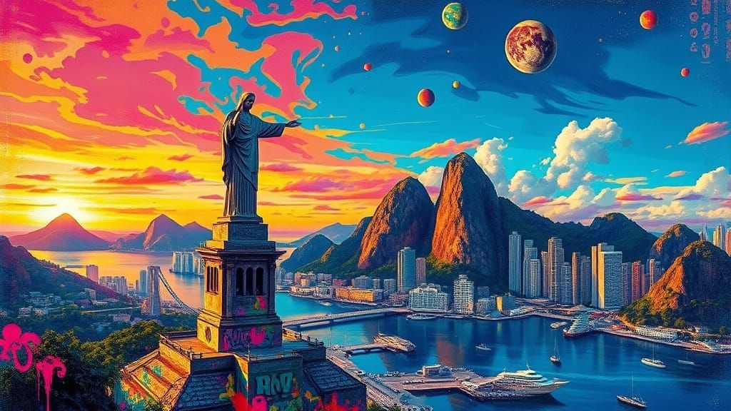 Futuristic Rio de Janeiro Bay with Christ Graffiti... - AI Art