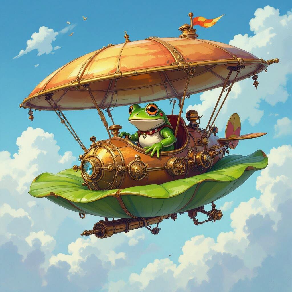 Steampunk Frog Soaring in Lily Pad Airship - AI Art