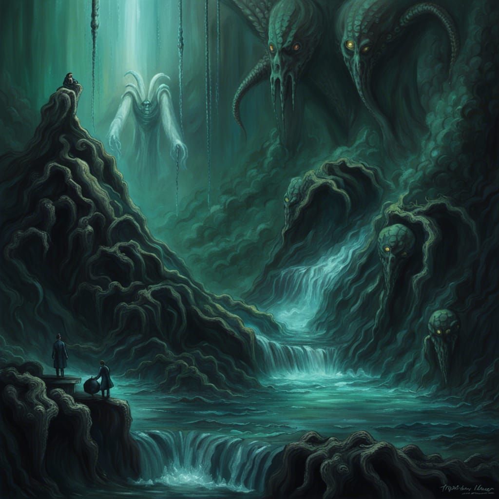 watterfall with lovecraftian god - AI Generated Artwork - NightCafe Creator