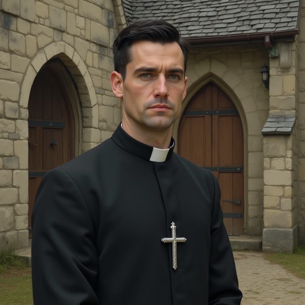 Tall Priest Stands in Front of Rustic Rectory - AI Art