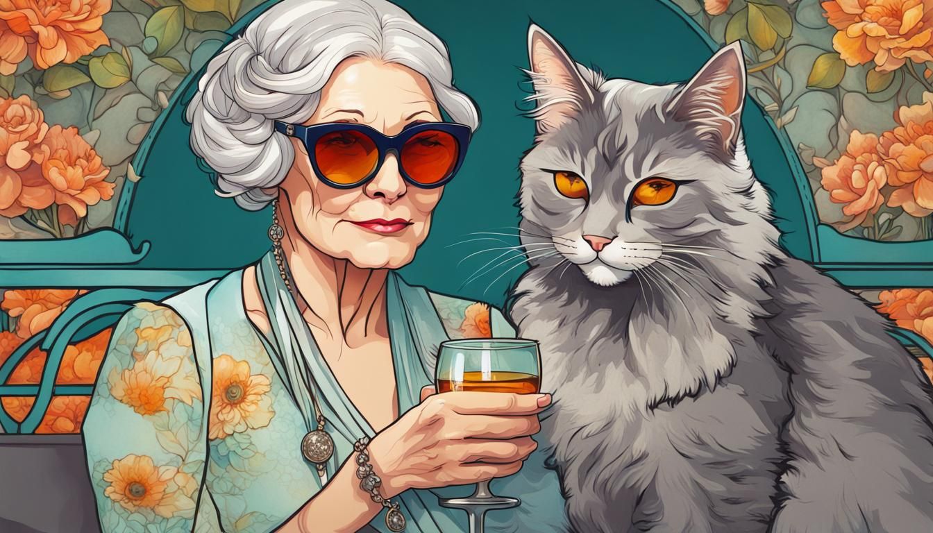 GRANNY COOL AND HER CATS 5 WINE TIME - AI Generated Artwork - NightCafe ...