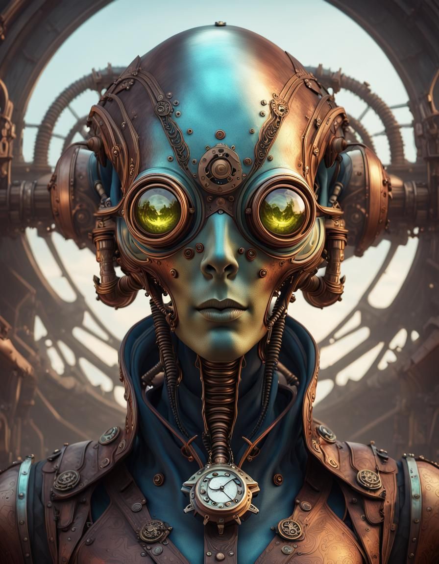 A photograph of a steampunk alien taken from a low-angle viewpoint ...
