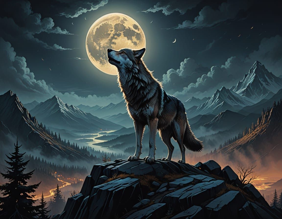 Artistic image of a Moonlit Wolf's Lament