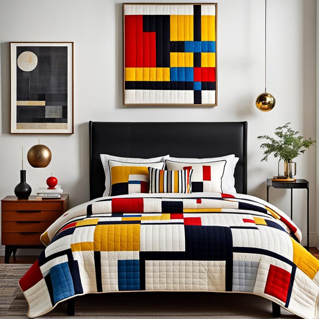Mondrian style Patchwork quilt in an MCM bedroom - AI Generated Artwork ...