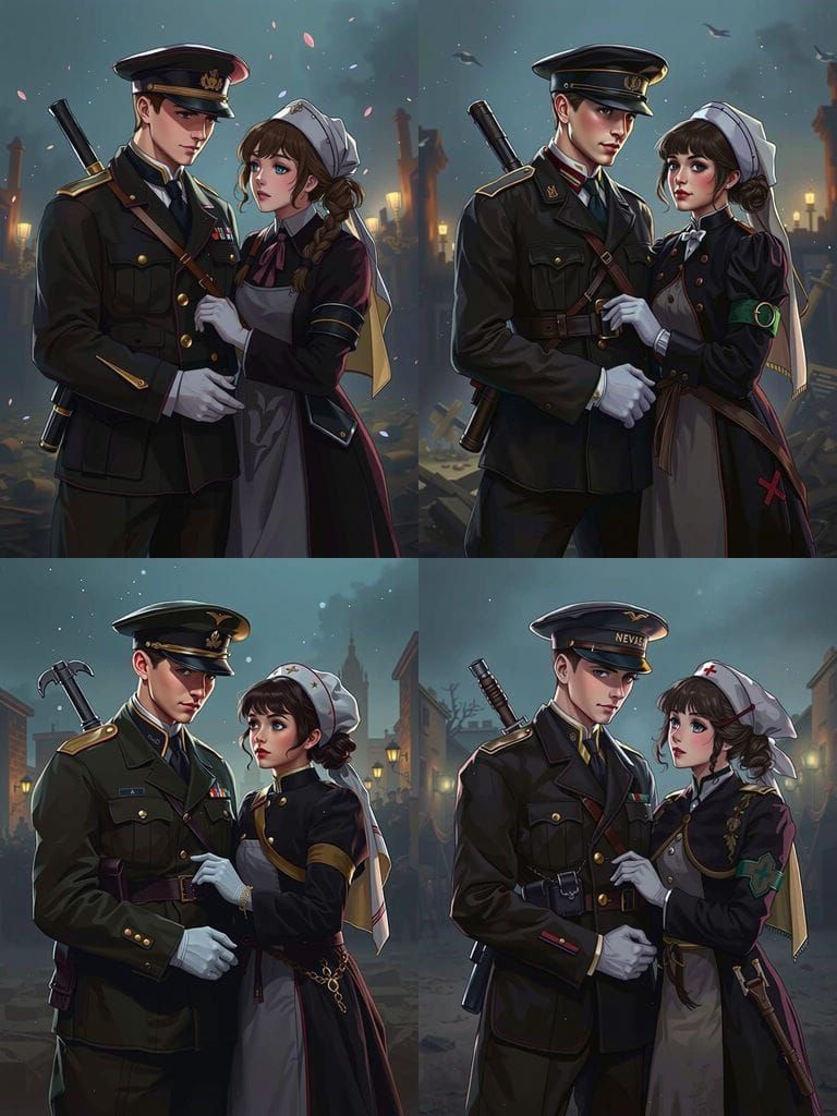Romantic Soldier and Nurse in a War-Torn Landscape - AI Art