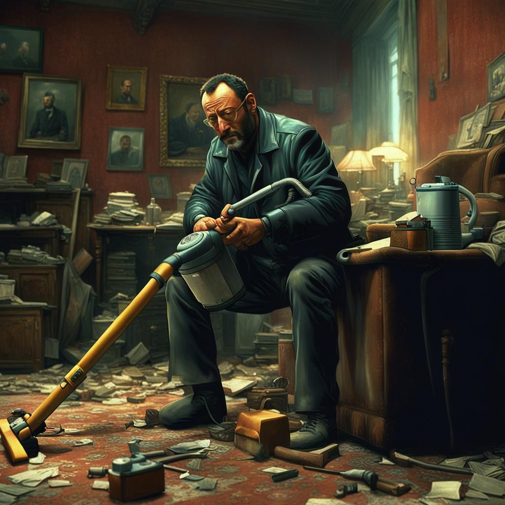 Jean Reno holding a vacuum cleaner like it was a machine gun , Jean ...