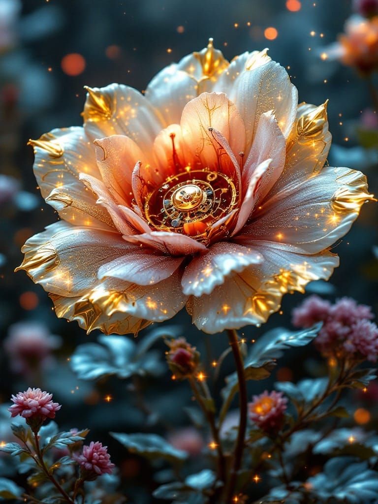 Mechanical Botanicals - Golden Clockwork Flower Unfurls in a...