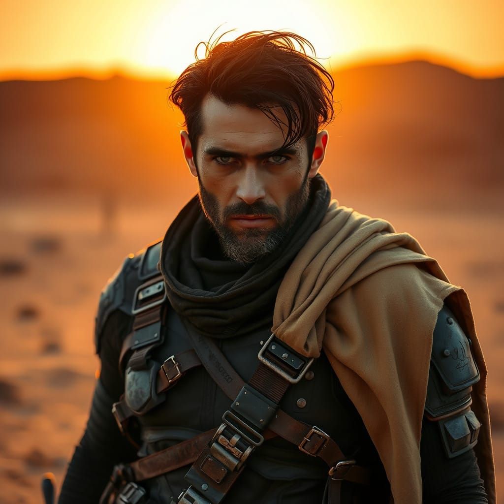 Cyberpunk Warrior in Desert Armor Amidst a Fading ... - AI Art