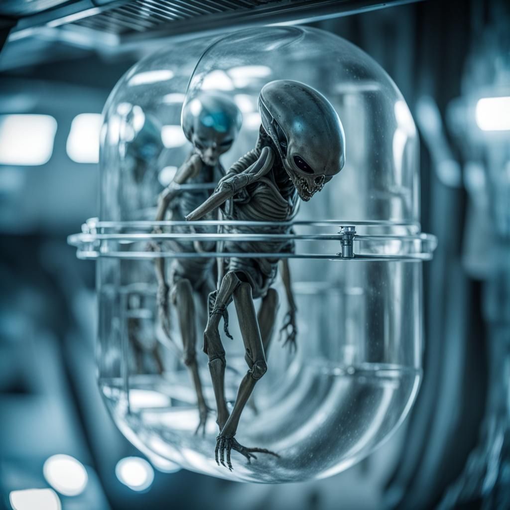 Photograph, Macro, aliens are in the transparent cryonics capsules ...