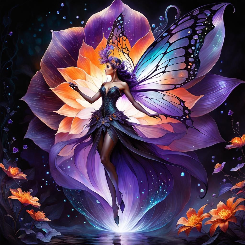 Fairy, full body wide angle bioluminescent hues of purple orange, black ...
