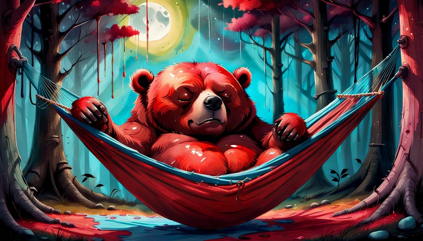 Grumpy Bear Rests in a Vibrant Hammock Scene - AI Art