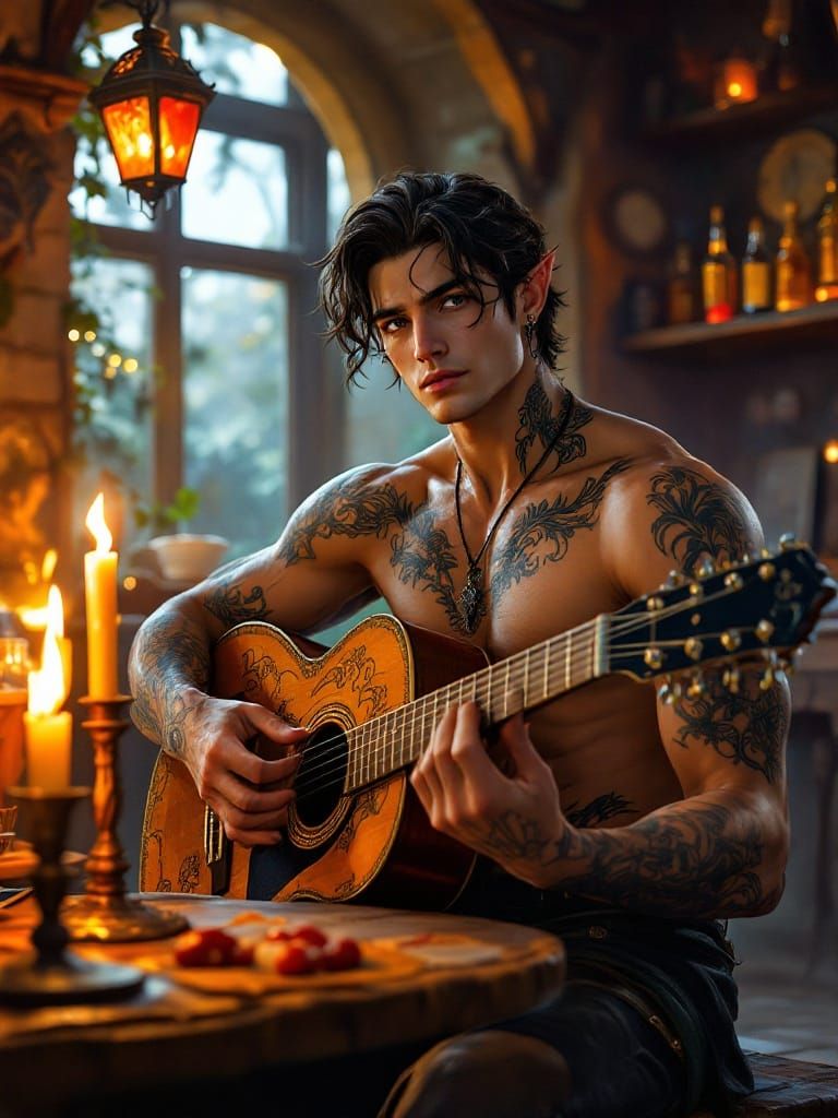 Elf Bard Pinup 241231A - Ethereal Elf Bard in Candlelit Fant...