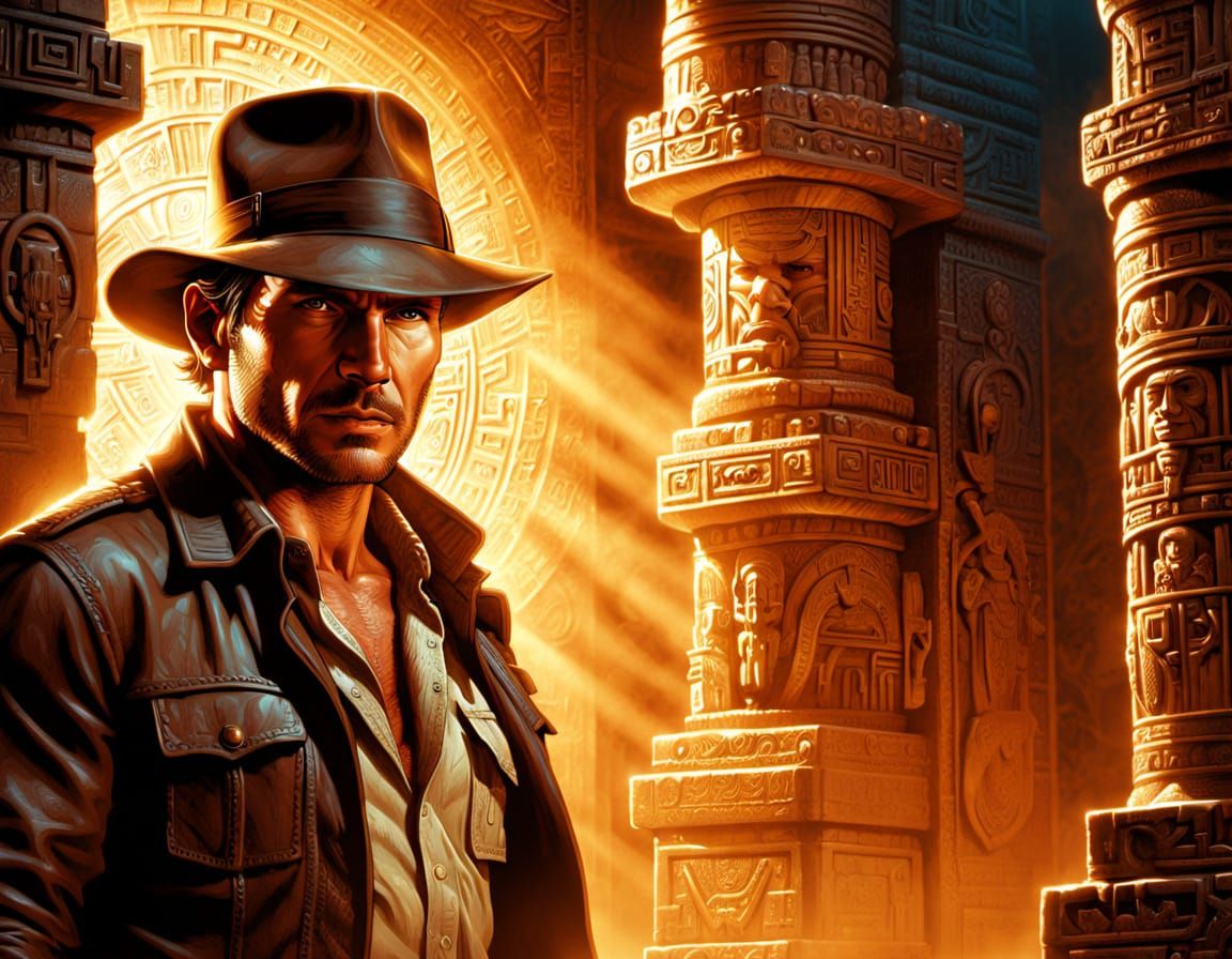 A INDIANA JONES EXPLORING AN AZTEC TEMPLE. HYPERREALISM, PERFECT ...