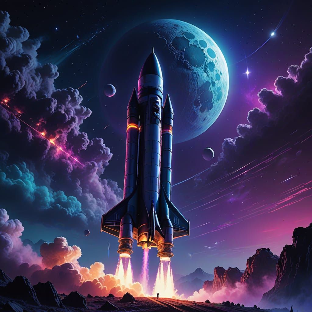 Rocket Express in Rainbow Moon Scenery - AI Art