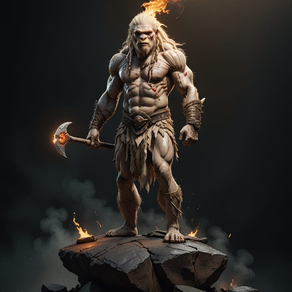 Tall lean, Albino Cannibal erectus neanderthal with flaming axe ...