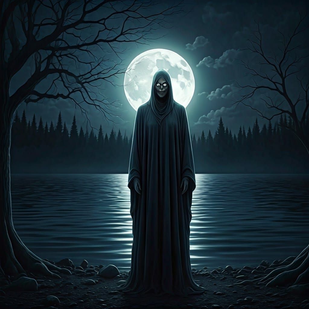 A very ethereal, creepy ghost, lingering by a lake. The Moon is full ...