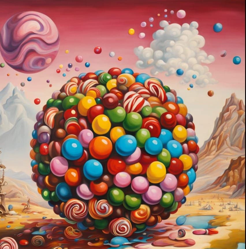 A big ball of candy crush surrealism Salvador Dali matte background ...