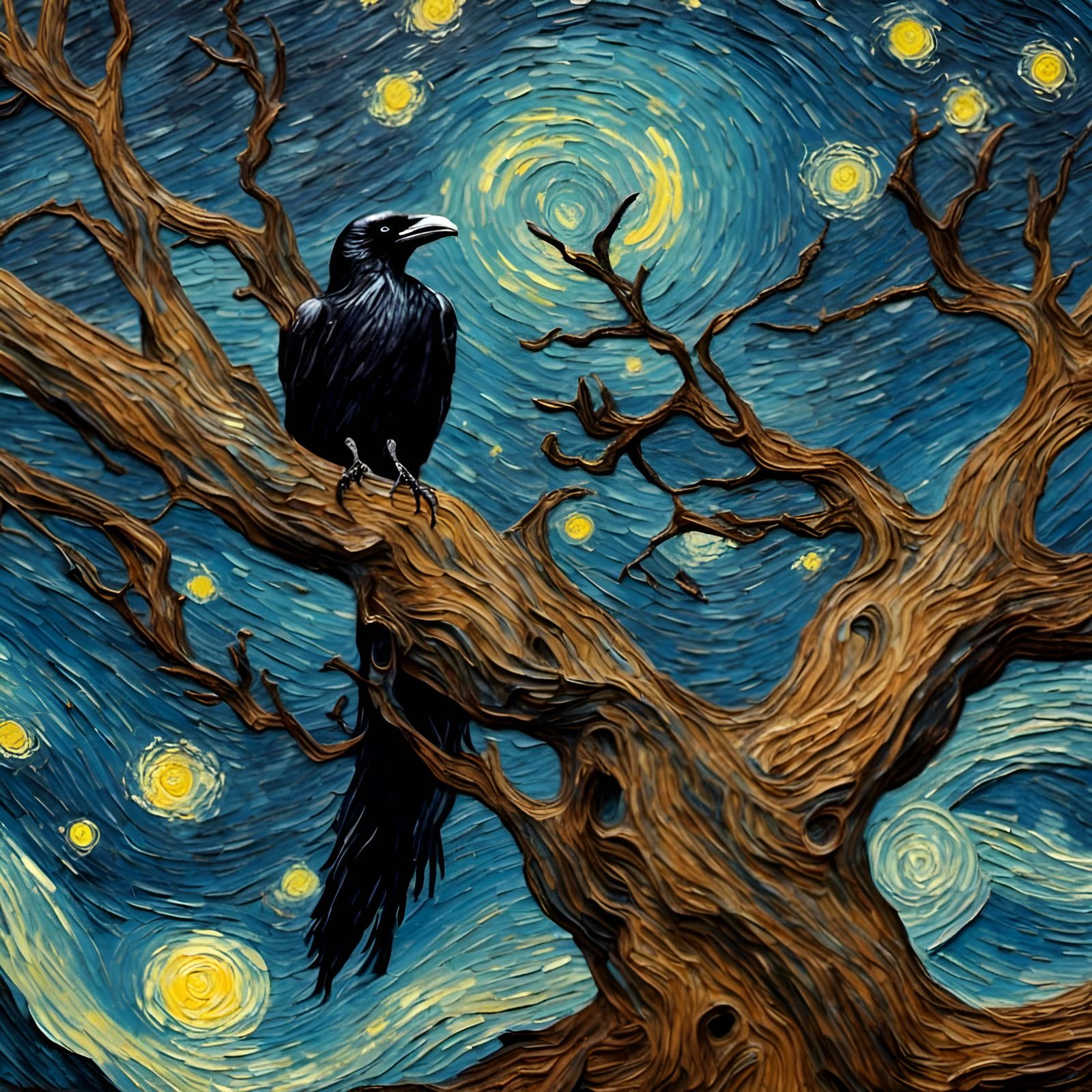 A lifelike raven in an old oak tree in a starry night by van Gogh - AI ...