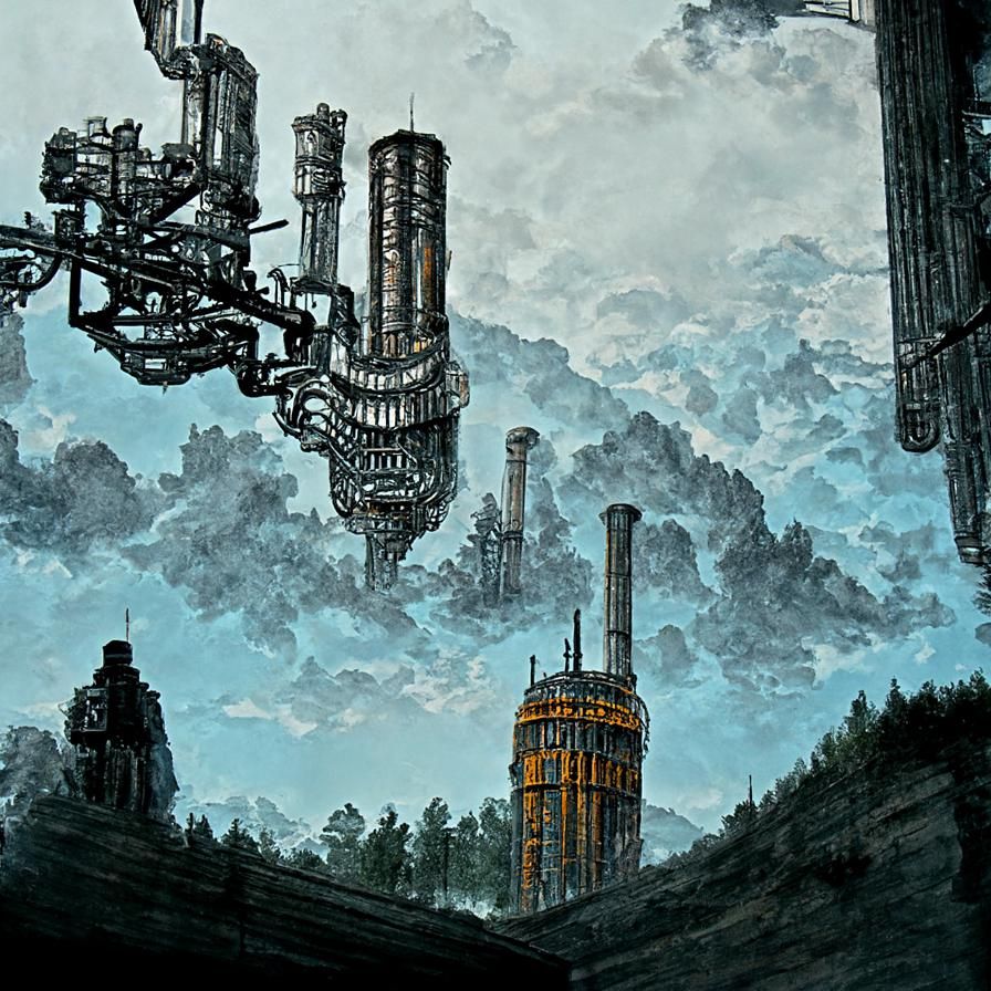 A Detailed Painting of a Steel Industrial Tower Factory Powerplant ...