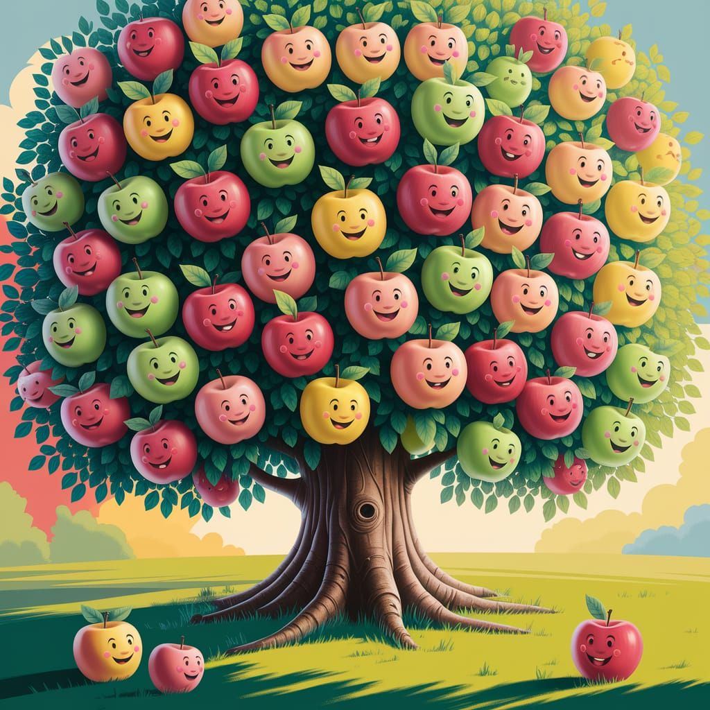 Whimsical Apple Tree Blooms with Colorful, Smiling... - AI Art
