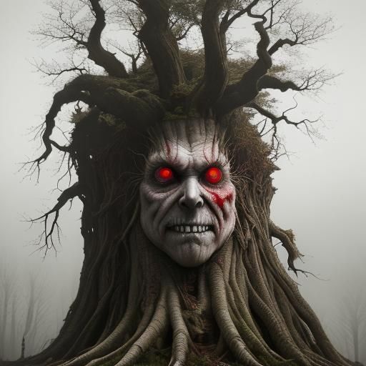 A huge knurly heavily rooted evil maple tree with a pair of huge ...