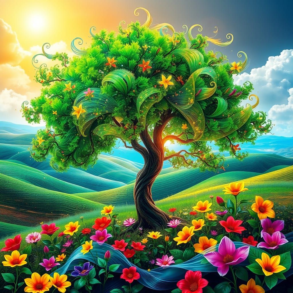 Ethereal Green Tree in Kinetic Landscape - AI Art