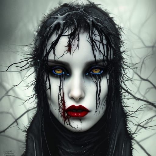 "gothic, zombie, ratajkowski, dark,, windblowing short black hair, dark ...