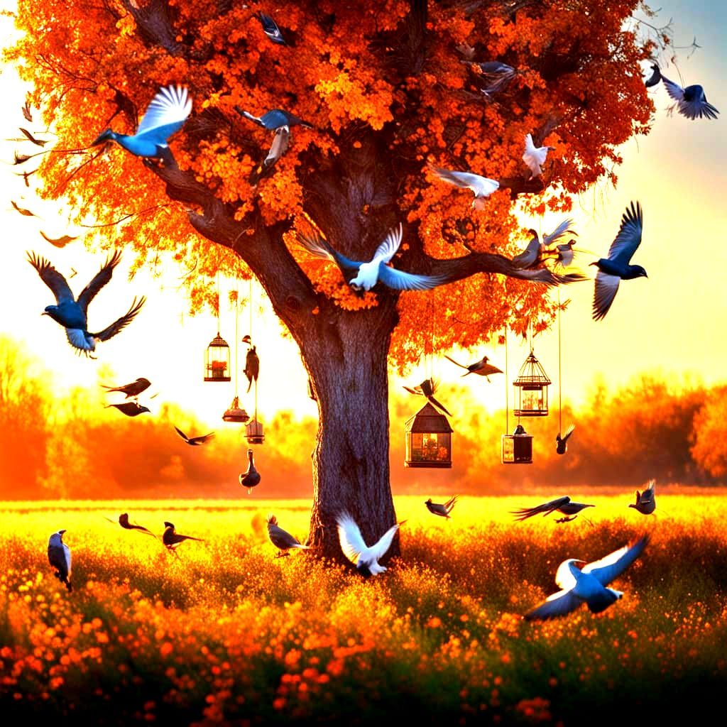 Colourful birds all aflutter around a tree laden with birdfeeders ...