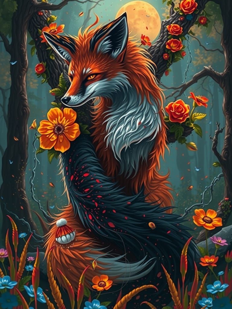 Ethereal Fox Goddess in Vibrant Forest Scene - AI Art