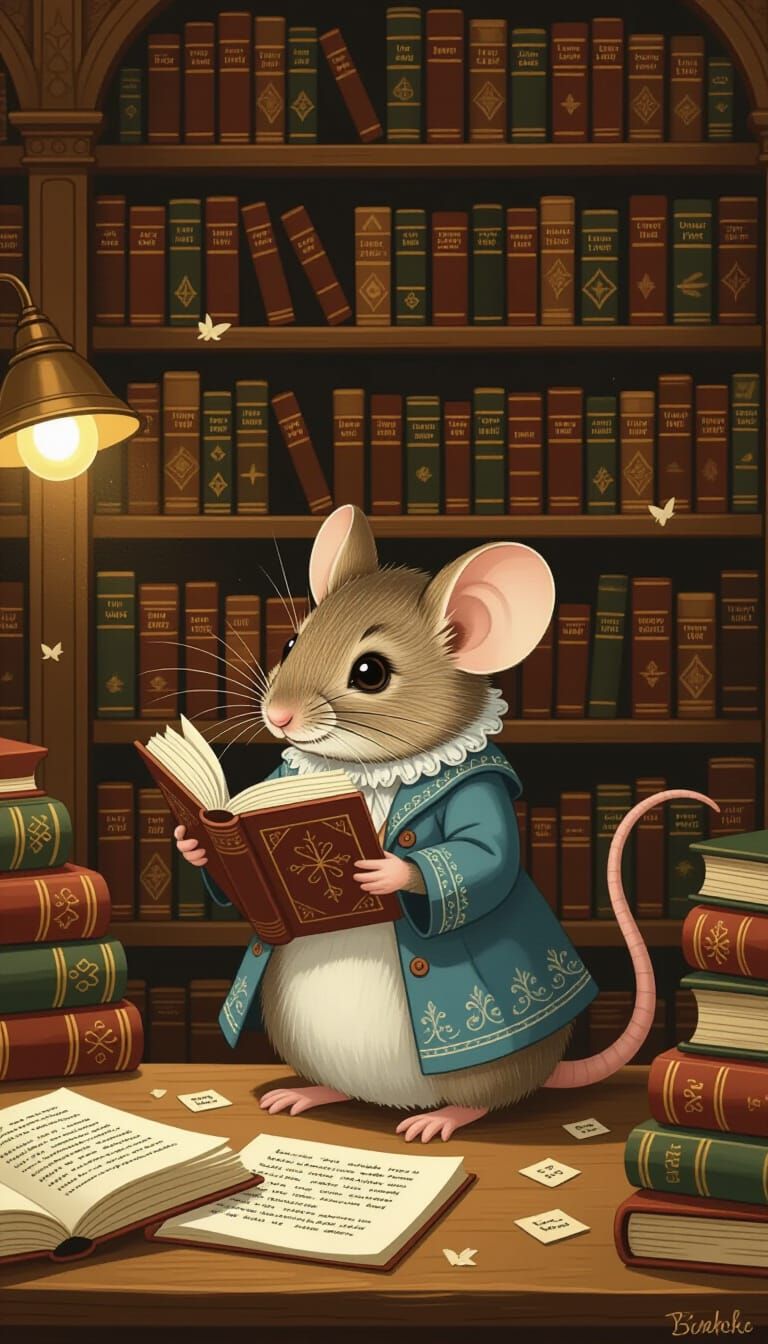 Shy Mouse - Mouse in Library, Whimsical Illustration Style