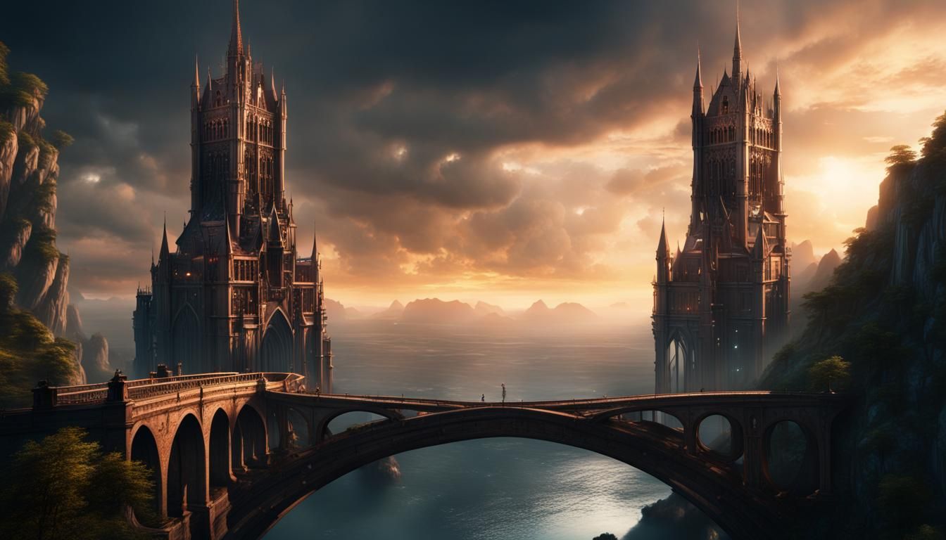 two towers connected with a bridge in the air. One building is ...