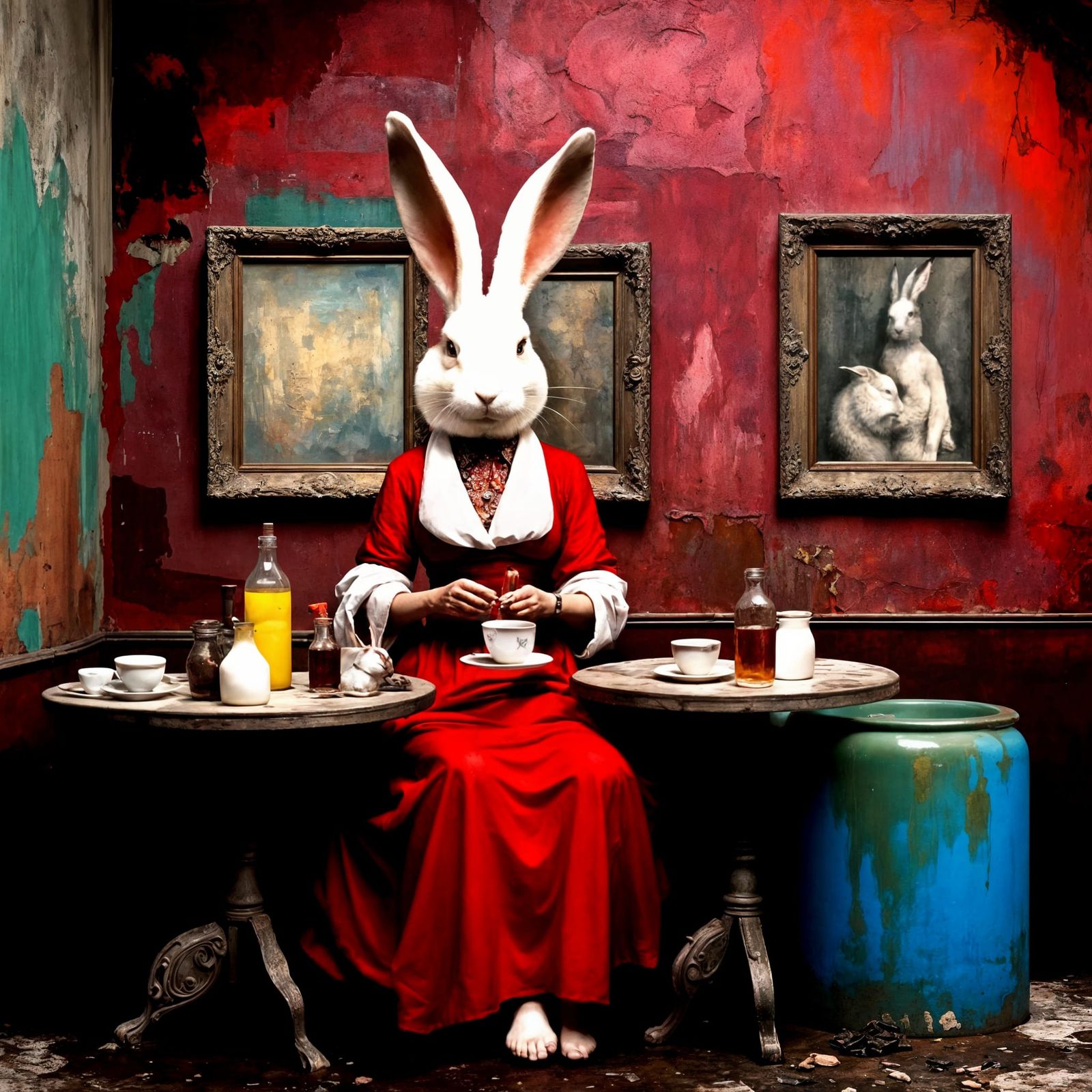 Digital priestess rabbit, nightcafe, ruby, peeling paint, oils ...