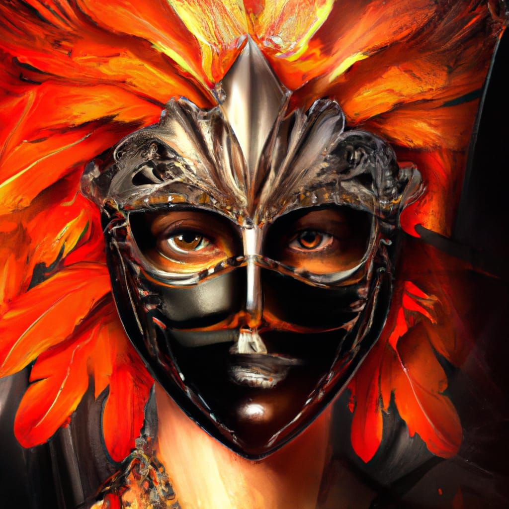 "Male masquerade vampire dressed in black , wearing a redish orange ...