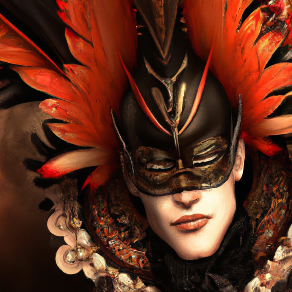 "Male masquerade vampire dressed in black , wearing a redish orange ...