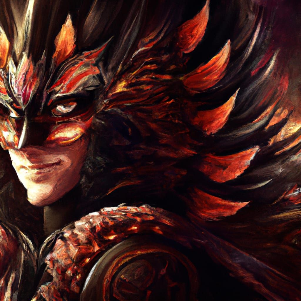 "Male masquerade vampire dressed in black , wearing a redish orange ...