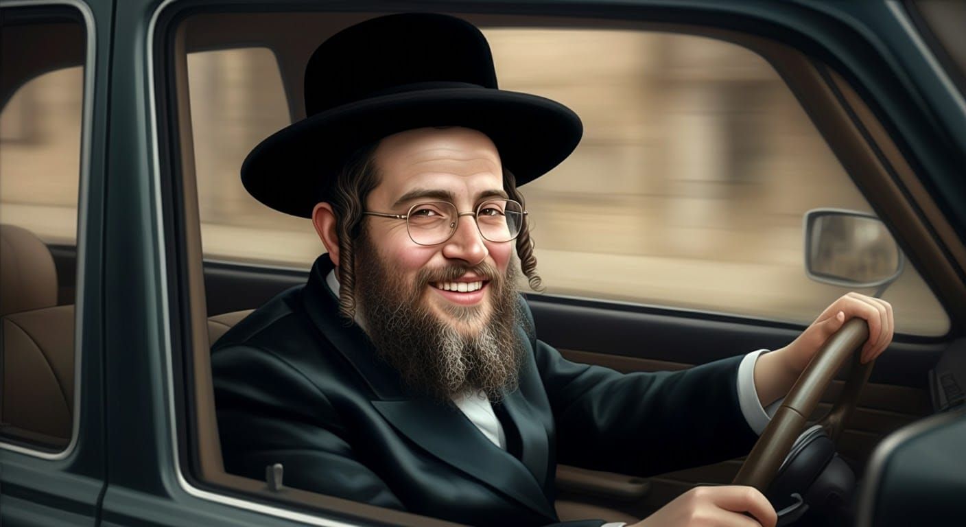 Cheerful Hasidic Man Behind the Wheel in 80s Style... - AI Art