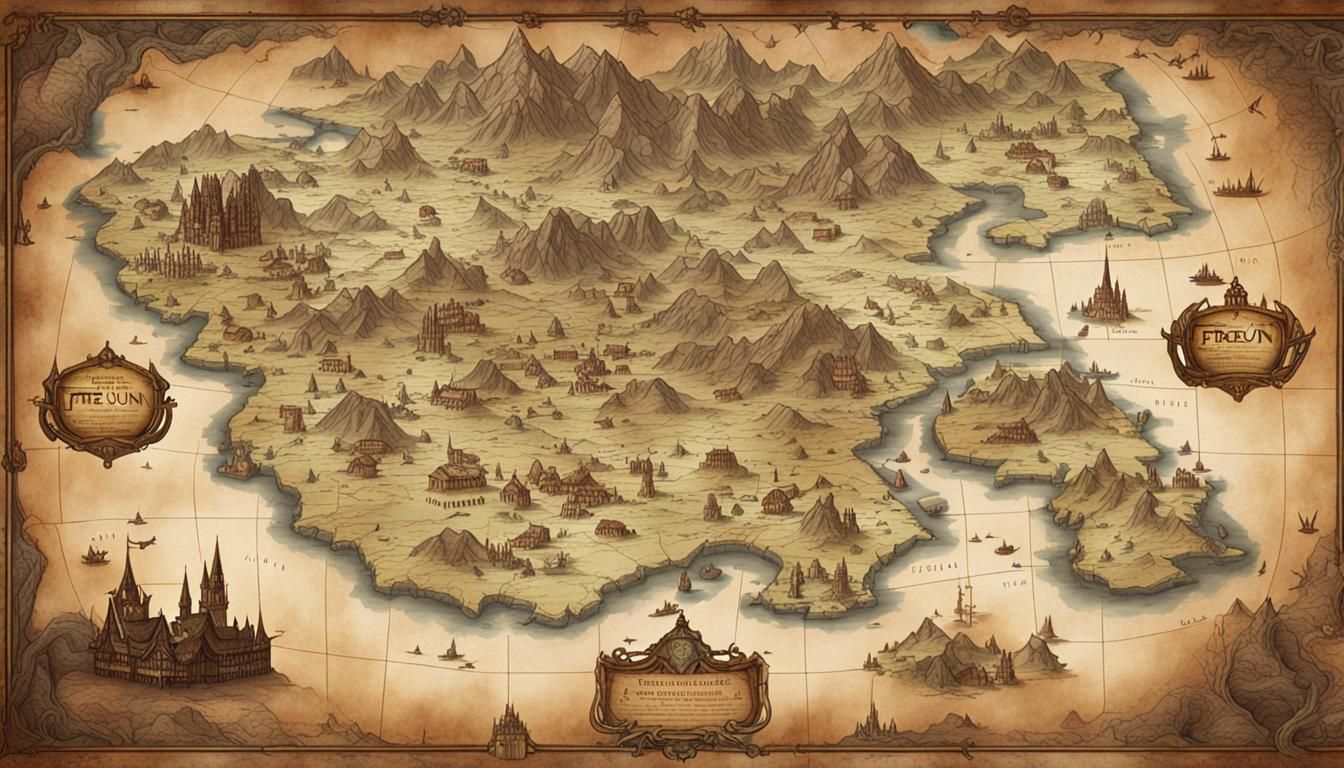 fantasy, a detailed ancient map of the world of Fireun . with thematic ...