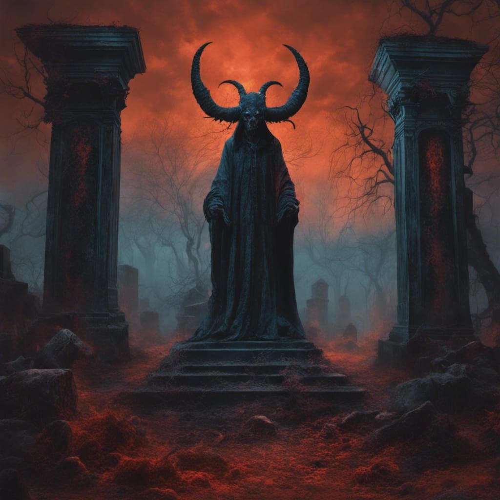 Demon in hell cemetary,blue black,red,orange mist in the style of Eerie ...